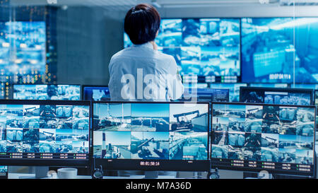 cctv screen. CCTV monitors in control room at Cardiff Central Police ...