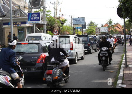 Traffic jam Ubud Indonesia Bali city main street cars congestion people ...