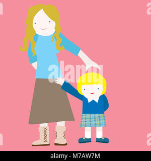 Mother standing with two kids cartoon illustration. Mom with her boy ...