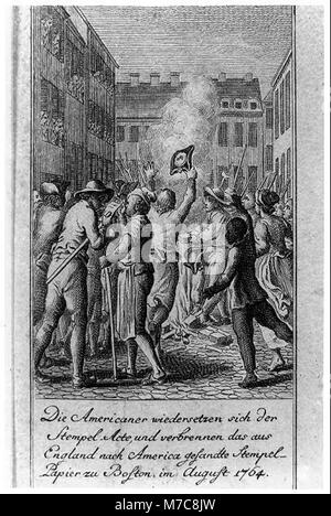 This image depicts the burning of the Stamp Act in Boston, an important ...