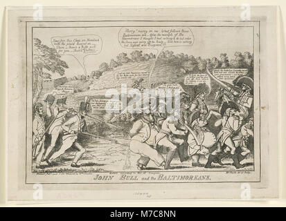 The illustration titled 'John Bull and the Baltimoreans' depicts a ...