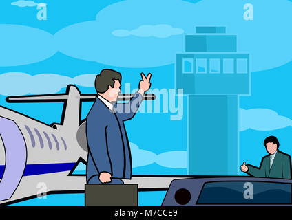 Businessman boarding a plane waving goodbye Stock Photo - Alamy