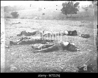 A photograph of the Gettysburg battlefield, showing the bodies of ...