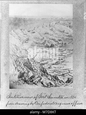 A photograph of the interior of Fort Sumter, showing its damage from ...