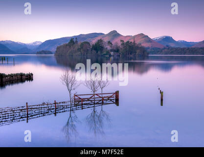 Sunken gate and trees reflecting in Derwent Water with snow capped ...