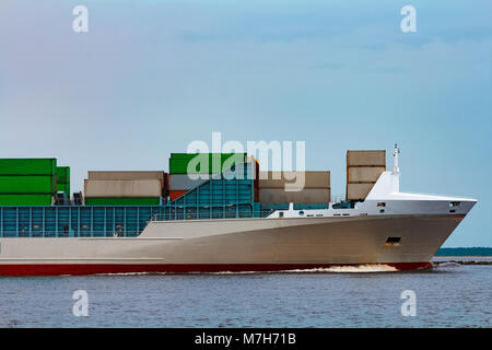 Grey container ship. Logistics and production import Stock Photo - Alamy