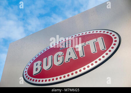 Bugatti sign outside car showroom in Mayfair, London Stock Photo - Alamy