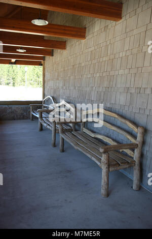 Benches in front of Cascade Lodge, part of Canyon Lodge, in Yellowstone ...