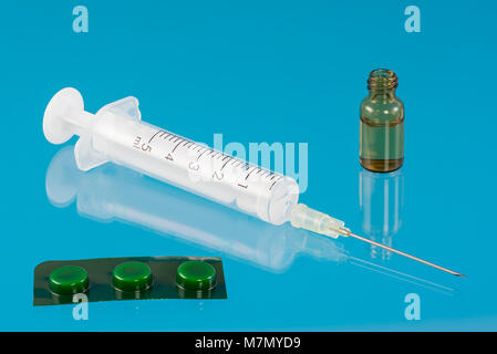 Closeup of a syringe, tablets and a vial with a serum Stock Photo - Alamy