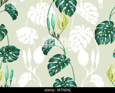 Tropical pattern with liana and monstera leaves with folk pattern on ...