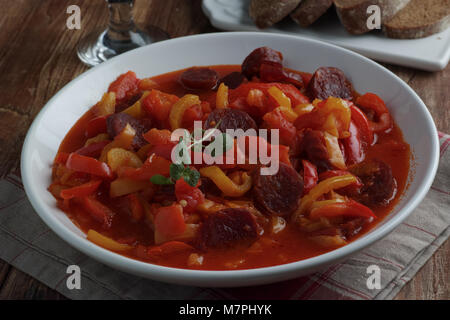 Traditional Hungarian Lecso with spiced sausage on a plate Stock Photo ...