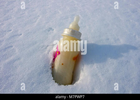 A frozen bottle of milk in snow, in which the cream has expanded and ...