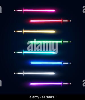 Neon light swords set. Colorful glowing sabers collection isolated on ...