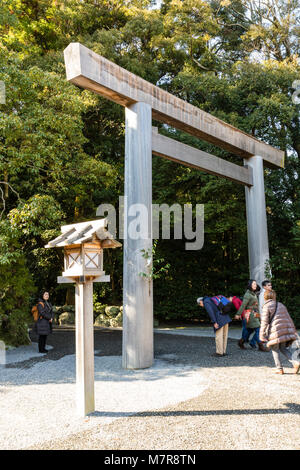 Large wooden torii gate entrance to Sakurayama Hachiman-gu Shinto ...