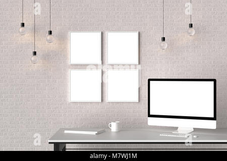 Modern workspace with isolated empty frames on brick wall and isolated ...
