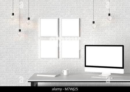 Modern workspace with isolated empty frames on brick wall and isolated ...