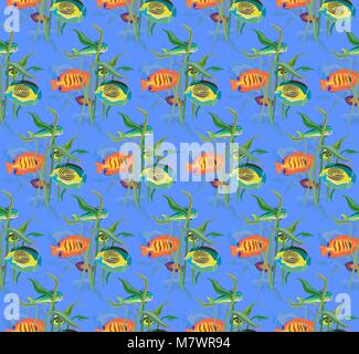 Seamless pattern from marine life, fish, coral and algae. From white ...