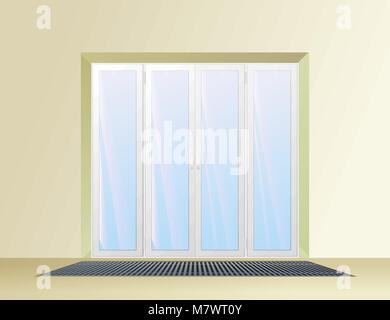 Trench convector under the balcony door. The hot air flow is shown by ...