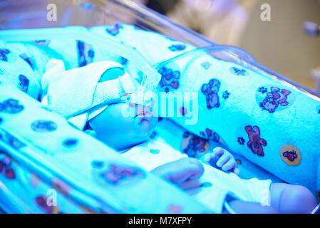 Cute sick newborn premature neonatal baby swaddled in bunny blanket ...