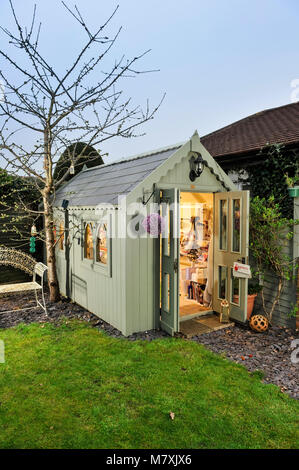 Manjit Sidhu pictured with her she-shed where she takes time out to sew ...