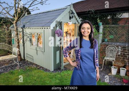 Manjit Sidhu pictured with her she-shed where she takes time out to sew ...
