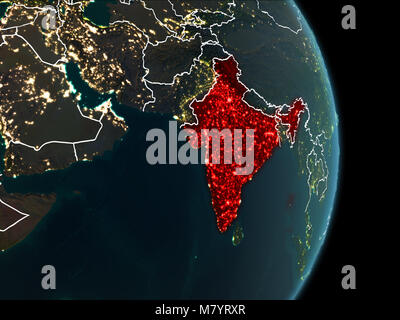 Night map of India as seen from space on planet Earth. 3D illustration ...