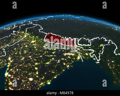 Satellite night view of Nepal highlighted in red on planet Earth. 3D ...
