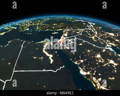 Satellite night view of Israel highlighted in red on planet Earth with clouds. 3D illustration ...