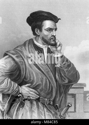 Jacques Cartier (1491-1557). A 19th century lithograph of the French ...