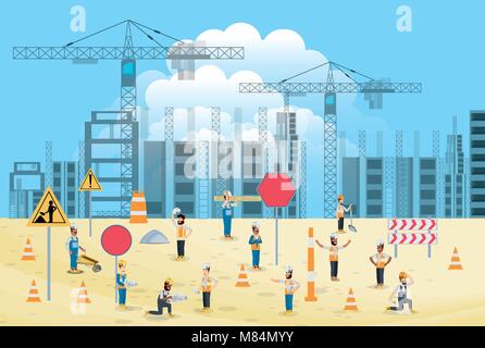 Under construction zone with builders and enginners working on bricks ...