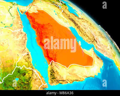 Space view of Saudi Arabia highlighted in red on planet Earth. 3D ...