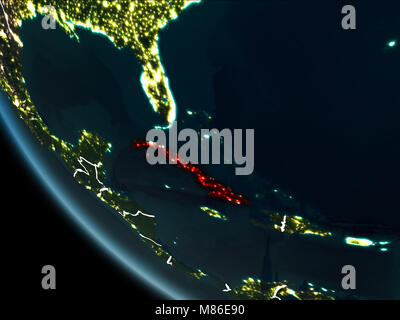 Satellite night view of Cuba highlighted in red on planet Earth with clouds. 3D illustration ...