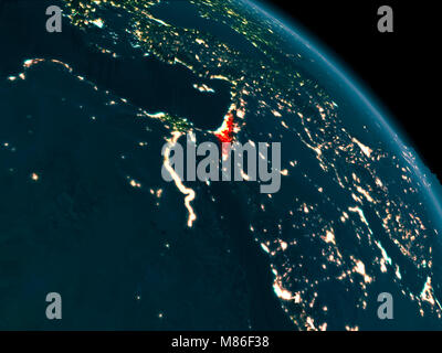 Satellite night view of Israel highlighted in red on planet Earth with clouds. 3D illustration ...