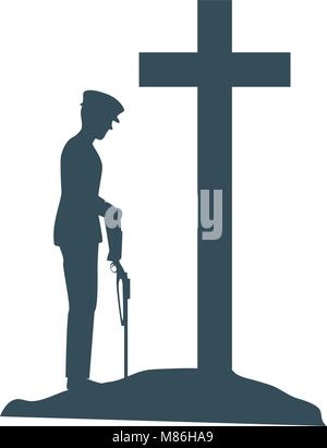 silhouette of soldier with rifle presenting respect with flowers ...