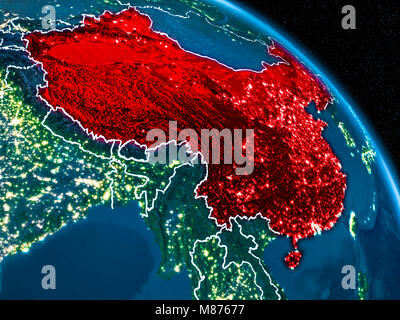 Satellite night view of China highlighted in red on planet Earth. 3D ...
