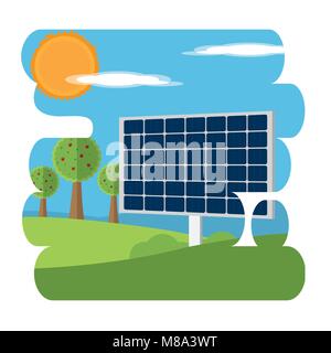 ecological green solar panel with tree and sun cartoon vector ...
