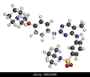 Fedratinib cancer drug molecule. 3D rendering. Atoms are represented as ...