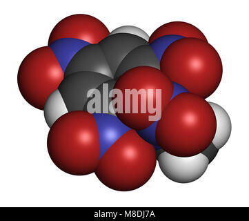 Tetryl explosive molecule. 3D rendering. Atoms are represented as ...