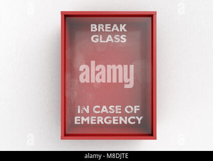 An empty red emergency box with an in case of emergency breakable glass ...