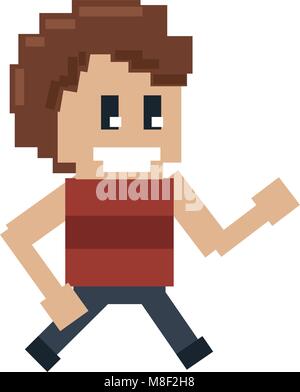 pixelated videogame design with adventure man character holding a bomb ...