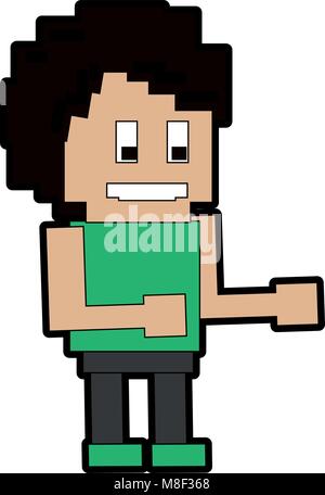 pixelated videogame design with adventure man character holding a bomb ...