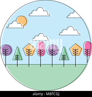 landscape natural trees and clouds with geometrical shape round design ...