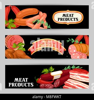 Meat product banners. Beef and pork sausage, ham and salami, bacon ...