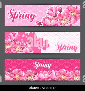Spring banners with sakura or cherry blossom. Floral japanese ornament ...