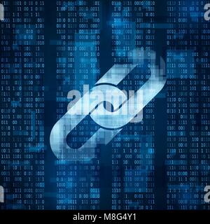 Blockchain hyperlink symbol on binary code. Chain symbol on abstract blue matrix background ...