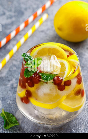 Detox drink with cranberries, mint and lemon in a glass on a dark ...