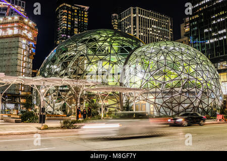 The glass dome Spheres at Amazon headquarter at night in downtown ...