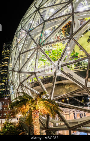 The glass dome Spheres at Amazon headquarter at night in downtown ...