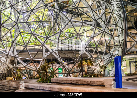 The glass dome Spheres at Amazon headquarter at night in downtown ...