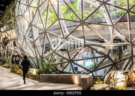 The glass dome Spheres at Amazon headquarter at night in downtown ...
